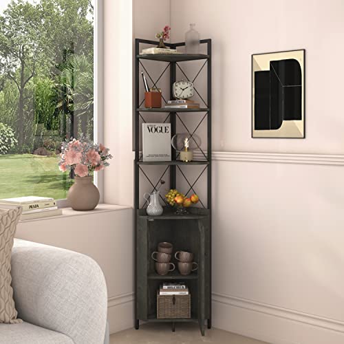 IRCPEN 5-Tier Standing Corner Shelf,70.5" Tall Ladder Corner Storage Cabinet with Doors,Rustic Display Rack Multipurpose Bookshelf Bookcase,Plant Stand for Living Room, Bedroom (12.6x18.9x70.47inches)