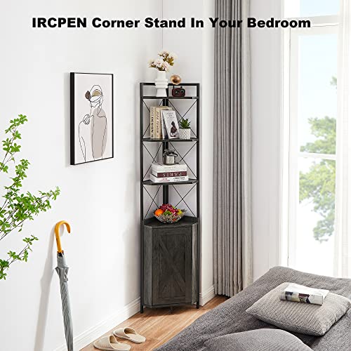 IRCPEN 5-Tier Standing Corner Shelf,70.5" Tall Ladder Corner Storage Cabinet with Doors,Rustic Display Rack Multipurpose Bookshelf Bookcase,Plant Stand for Living Room, Bedroom (12.6x18.9x70.47inches)