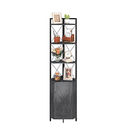 IRCPEN 5-Tier Standing Corner Shelf,70.5" Tall Ladder Corner Storage Cabinet with Doors,Rustic Display Rack Multipurpose Bookshelf Bookcase,Plant Stand for Living Room, Bedroom (12.6x18.9x70.47inches)