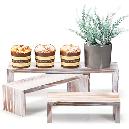 Set of 3 Wood Cake Display Riser Stands Rustic Cupcake Stand Vintage Dessert Donut Stand White Wooden Cake Stands Food Display Stands for Party Food Service Display Risers for Wedding Table Craft