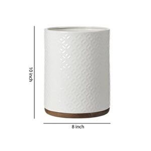 Motifeur Bathroom Wastebasket - Ceramic Decorative Trash Can with Wooden Base (White and Beige)…