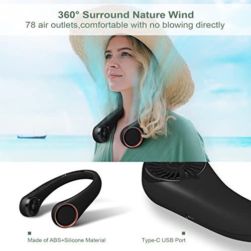 TOAOB Portable Neck Fan, Hands Free Bladeless Fan, Rechargeable Wearable Personal Fan, Leafless Neck Cooling Air Conditioner, Headphone Design, 3 Speeds, USB Powered Neck Fan-Black