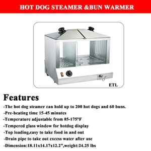 Commercial Hot Dog Machine With Bun Steamer Hotdogs Food Display Warmer Electric Portable (100 hotdogs,48 buns)