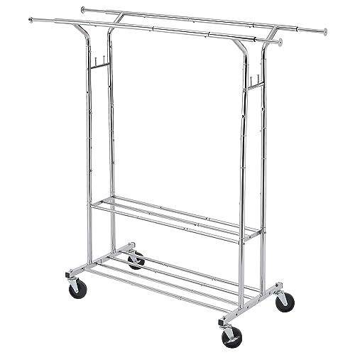 Tajsoon Heavy Duty Clothing Rack Extensible Double Rod with 2 Shelves, Rolling Clothes Rack with Wheels, Rolling Garment Racks for Hanging Clothes Load 250LBS, Collapsible Clothes Hanging Rack Chrome