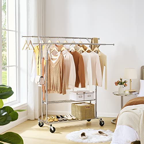 Tajsoon Heavy Duty Clothing Rack Extensible Double Rod with 2 Shelves, Rolling Clothes Rack with Wheels, Rolling Garment Racks for Hanging Clothes Load 250LBS, Collapsible Clothes Hanging Rack Chrome