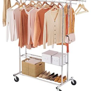 Tajsoon Heavy Duty Clothing Rack Extensible Double Rod with 2 Shelves, Rolling Clothes Rack with Wheels, Rolling Garment Racks for Hanging Clothes Load 250LBS, Collapsible Clothes Hanging Rack Chrome