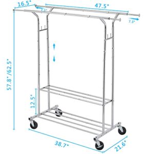 Tajsoon Heavy Duty Clothing Rack Extensible Double Rod with 2 Shelves, Rolling Clothes Rack with Wheels, Rolling Garment Racks for Hanging Clothes Load 250LBS, Collapsible Clothes Hanging Rack Chrome