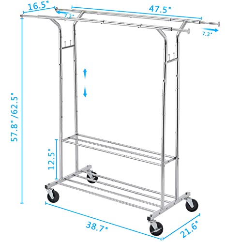 Tajsoon Heavy Duty Clothing Rack Extensible Double Rod with 2 Shelves, Rolling Clothes Rack with Wheels, Rolling Garment Racks for Hanging Clothes Load 250LBS, Collapsible Clothes Hanging Rack Chrome