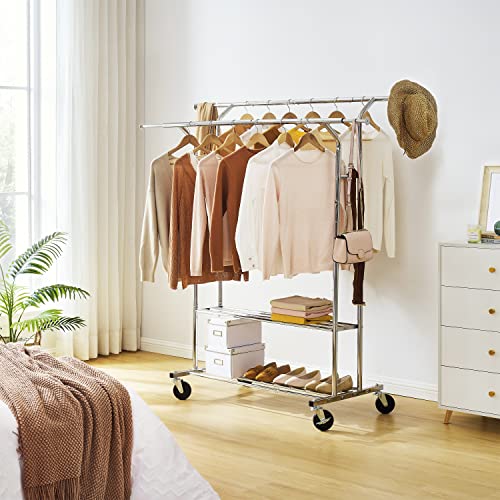 Tajsoon Heavy Duty Clothing Rack Extensible Double Rod with 2 Shelves, Rolling Clothes Rack with Wheels, Rolling Garment Racks for Hanging Clothes Load 250LBS, Collapsible Clothes Hanging Rack Chrome