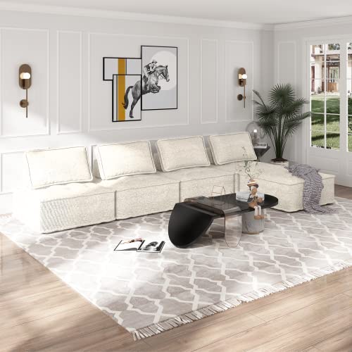 BALUS Modular 5 Seater Sofa Couch, Modern Sectional Sofa Couch, Armless Floor Sofa Couch, Soft Fabric Sofa Bed for Bedroom, Living Room and Sturdy Room, Free Combination, 5 PCS Beige