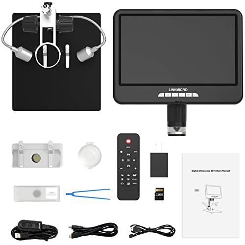 10 inch HDMI Digital Coin Microscope with 10'' Stand Full Coin View, LINKMICRO LM207S-Pro Electronic Microscope Camera for Soldering UHD 2160P, Windows 32GB SD Card