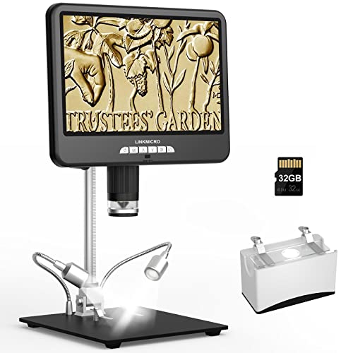 10 inch HDMI Digital Coin Microscope with 10'' Stand Full Coin View, LINKMICRO LM207S-Pro Electronic Microscope Camera for Soldering UHD 2160P, Windows 32GB SD Card