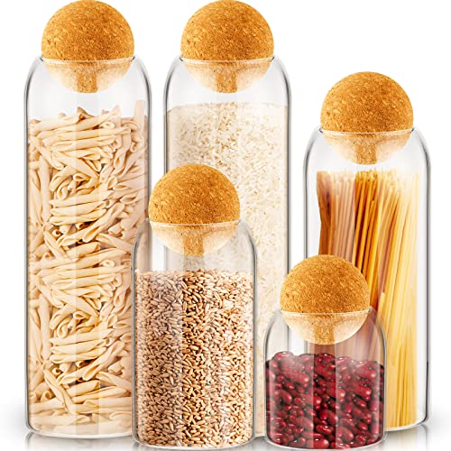 Suclain 5 Pack Storage Glass Jar Set Food Tank with Spherical Cork Cute Ball Candy Jars Clear Coffee Canister Airtight for Kitchen Bottle Holder Serving Spice Sugar Tea, 4 Sizes