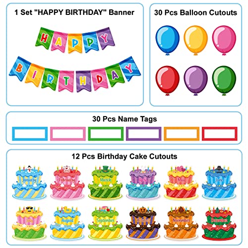 74 Pcs Happy Birthday Bulletin Board Set Includes Months Balloon Cut-Outs and Name Plates for Classroom Calendars Decor Wall Decorations