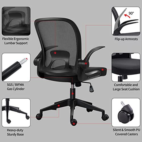 Darkecho Office Chair Ergonomic Desk Chair Mesh Computer Chair Modern Swivel Task Chair Comfy Executive Office Chair with Lumbar Support,Flip-up Armrests,Tilt Function and Foldable Backrest Black