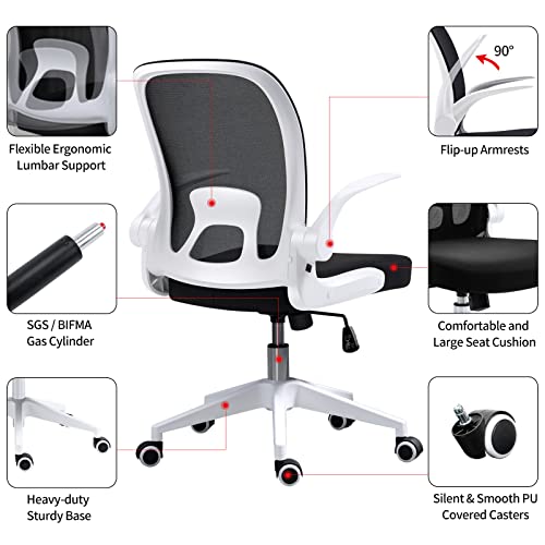 Darkecho Office Chair Ergonomic Desk Chair Mesh Computer Chair Modern Swivel Task Chair Comfy Executive Office Chair with Lumbar Support,Flip-up Armrests,Tilt Function and Foldable Backrest White