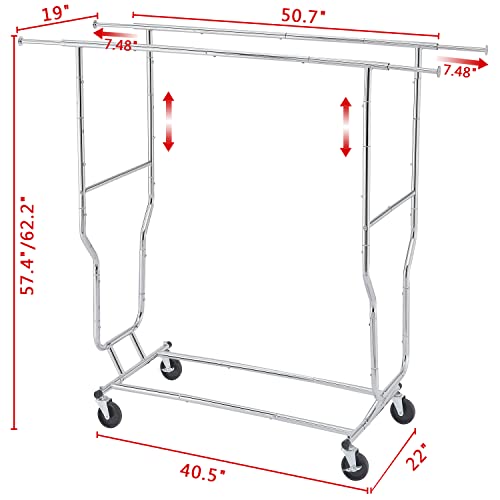 Tajsoon Clothes Rack,Collapsible Standard Rolling Garment Rack With Wheels,Extendable Liftable Y Type Heavy Duty Double Rods Clothes Hanging Rack,Commercial Clothing Storage Display Stand,Chrome