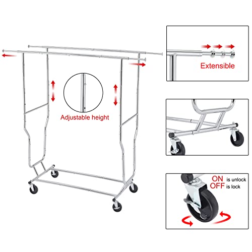 Tajsoon Clothes Rack,Collapsible Standard Rolling Garment Rack With Wheels,Extendable Liftable Y Type Heavy Duty Double Rods Clothes Hanging Rack,Commercial Clothing Storage Display Stand,Chrome