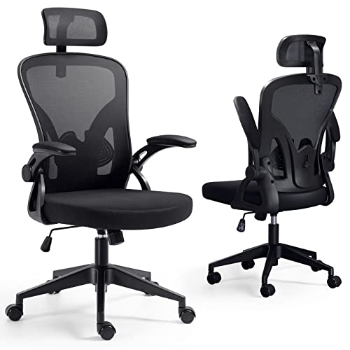 Office Chair,Ergonomic Desk Chair with Adjustable Headrest and Lumbar Support,High Back Mesh Computer Chair with Padded Flip-up Armrests,Swivel Task Chair with Large Seat,Tilt Function,Black