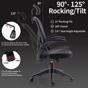 Office Chair,Ergonomic Desk Chair with Adjustable Headrest and Lumbar Support,High Back Mesh Computer Chair with Padded Flip-up Armrests,Swivel Task Chair with Large Seat,Tilt Function,Black