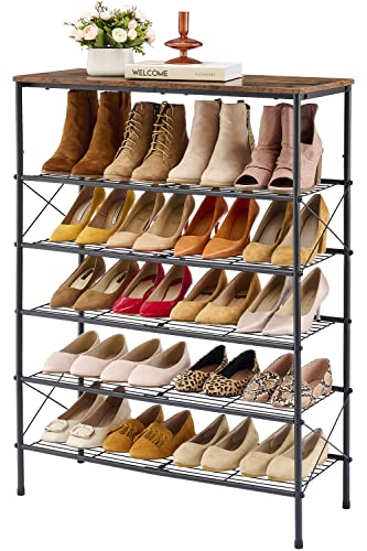 Tajsoon 6-Tier Shoe Rack Organizer, Industrial Shoe Rack for Closet Entryway, Metal Mesh Shoe Storage Shelf with X Shape Fixed Frame, Rustic Brown and Black