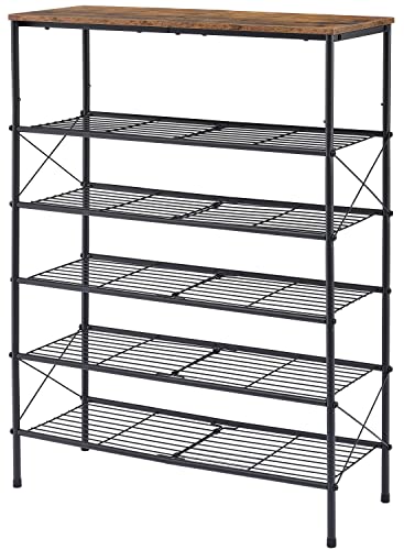 Tajsoon 6-Tier Shoe Rack Organizer, Industrial Shoe Rack for Closet Entryway, Metal Mesh Shoe Storage Shelf with X Shape Fixed Frame, Rustic Brown and Black