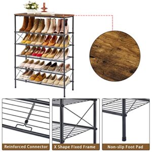 Tajsoon 6-Tier Shoe Rack Organizer, Industrial Shoe Rack for Closet Entryway, Metal Mesh Shoe Storage Shelf with X Shape Fixed Frame, Rustic Brown and Black