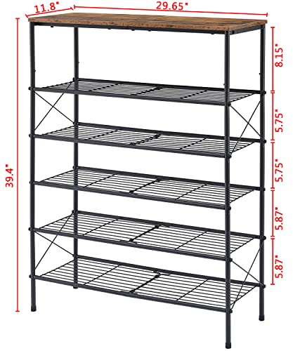 Tajsoon 6-Tier Shoe Rack Organizer, Industrial Shoe Rack for Closet Entryway, Metal Mesh Shoe Storage Shelf with X Shape Fixed Frame, Rustic Brown and Black