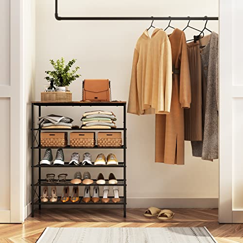 Tajsoon 6-Tier Shoe Rack Organizer, Industrial Shoe Rack for Closet Entryway, Metal Mesh Shoe Storage Shelf with X Shape Fixed Frame, Rustic Brown and Black