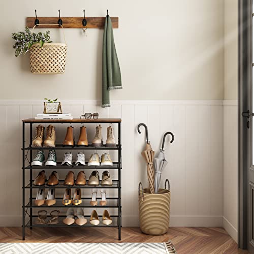 Tajsoon 6-Tier Shoe Rack Organizer, Industrial Shoe Rack for Closet Entryway, Metal Mesh Shoe Storage Shelf with X Shape Fixed Frame, Rustic Brown and Black