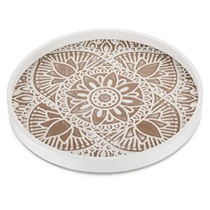 hanobe round wood decorative tray: rustic coffee table tray farmhouse tray decor white washed centerpiece wooden serving trays rounded tray for kitchen counter boho ottoman tray for home