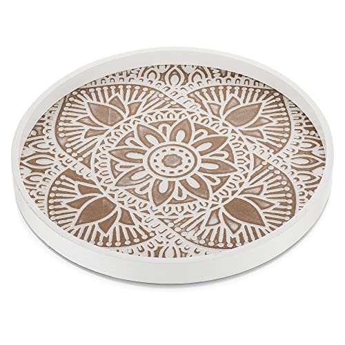 Hanobe Round Wood Decorative Tray: Rustic Coffee Table Tray Farmhouse Tray Decor White Washed Centerpiece Wooden Serving Trays Rounded Tray for Kitchen Counter Boho Ottoman Tray for Home