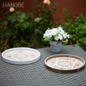 Hanobe Round Wood Decorative Tray: Rustic Coffee Table Tray Farmhouse Tray Decor White Washed Centerpiece Wooden Serving Trays Rounded Tray for Kitchen Counter Boho Ottoman Tray for Home