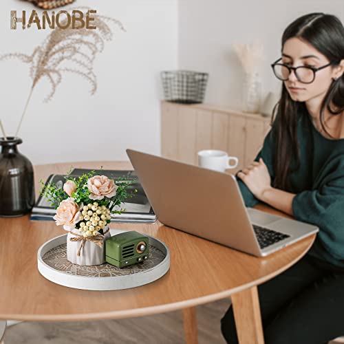 Hanobe Round Wood Decorative Tray: Rustic Coffee Table Tray Farmhouse Tray Decor White Washed Centerpiece Wooden Serving Trays Rounded Tray for Kitchen Counter Boho Ottoman Tray for Home