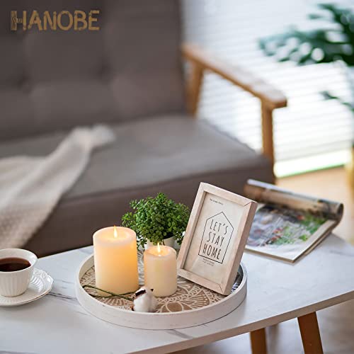 Hanobe Round Wood Decorative Tray: Rustic Coffee Table Tray Farmhouse Tray Decor White Washed Centerpiece Wooden Serving Trays Rounded Tray for Kitchen Counter Boho Ottoman Tray for Home