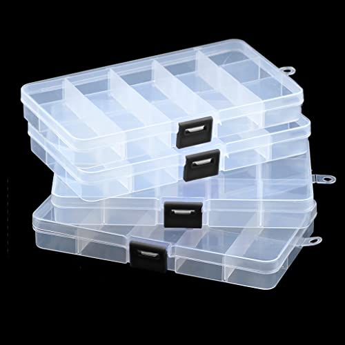 MINGXI 4 Pcs 15 Grids Clear Organizer Box Plastic Storage Container with Adjustable Dividers for Beads Art DIY Crafts Jewelry Fishing Electronics Small Parts