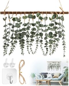 movno eucalyptus wall hanging decor - artificial cute boho wall decor, fake eucalyptus leaves greenery with wooden stick for living room, office, nursery, kitchen, bedroom wall farmhouse decoration-b