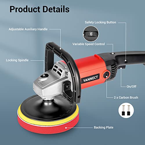 Buffer Polisher, 1200W 7-inch Polisher for Car Detaling, Car Polisher with 6 Variable Speed, 5 Foam Pads, Detachable Handle and Safety Lock Buffer, Car Buffer Ideal for Car Sanding, Polishing, Waxing…