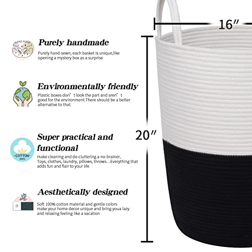 R RUNKA Extra Large Toys Basket -16"x 20" Laundry Basket with Handle - Large Woven Basket for Storage,Laundry Hamper for Clothes, Toys, Towels,Laundry | Shoes Basket | Laundry Bin | Off White & Black