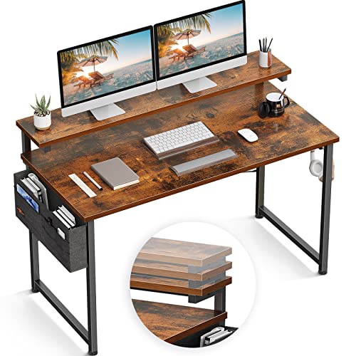 ODK Computer Desk with Adjustable Monitor Shelves, 48 inch Home Office Desk with Monitor Stand, Writing Desk, Study Workstation with 3 Heights (10cm, 13cm, 16cm), Rustic Brown