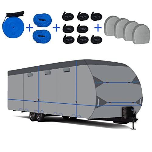 Tuszom 100% Waterproof 600D RV Travel Trailer Cover Durable Rip-Stop Camper Cover fits 31'7"-34' Motorhome - Breathable Windproof Anti-UV with 13PCS Straps, 4 Tire Covers