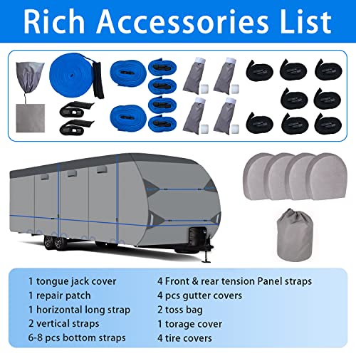 Tuszom 100% Waterproof 600D RV Travel Trailer Cover Durable Rip-Stop Camper Cover fits 31'7"-34' Motorhome - Breathable Windproof Anti-UV with 13PCS Straps, 4 Tire Covers