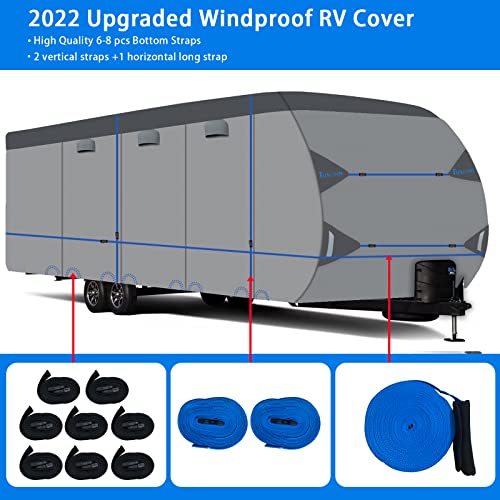 Tuszom 100% Waterproof 600D RV Travel Trailer Cover Durable Rip-Stop Camper Cover fits 31'7"-34' Motorhome - Breathable Windproof Anti-UV with 13PCS Straps, 4 Tire Covers