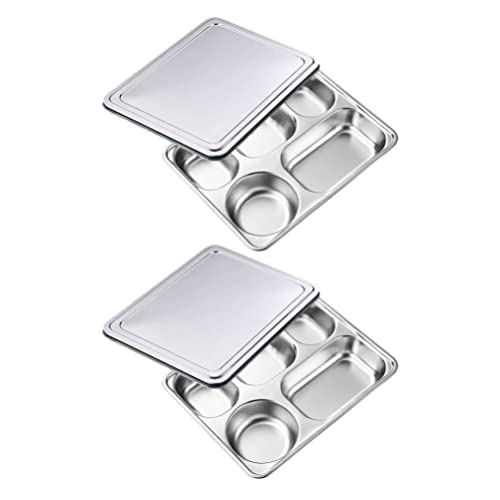 GANAZONO 2 Sets Stainless Steel Rectangular Divided Plates Tray with Lid for Adults Divided Dinner Tray 5 Sections Bento Lunch Box Camping