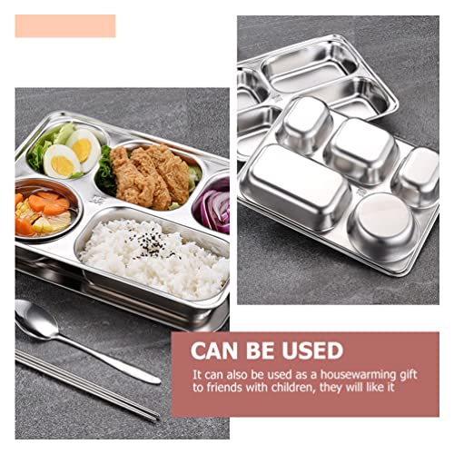 GANAZONO 2 Sets Stainless Steel Rectangular Divided Plates Tray with Lid for Adults Divided Dinner Tray 5 Sections Bento Lunch Box Camping