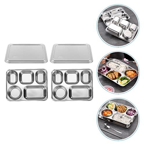 GANAZONO 2 Sets Stainless Steel Rectangular Divided Plates Tray with Lid for Adults Divided Dinner Tray 5 Sections Bento Lunch Box Camping