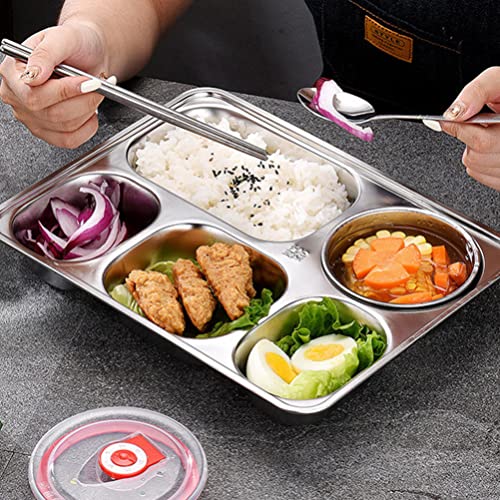 GANAZONO 2 Sets Stainless Steel Rectangular Divided Plates Tray with Lid for Adults Divided Dinner Tray 5 Sections Bento Lunch Box Camping