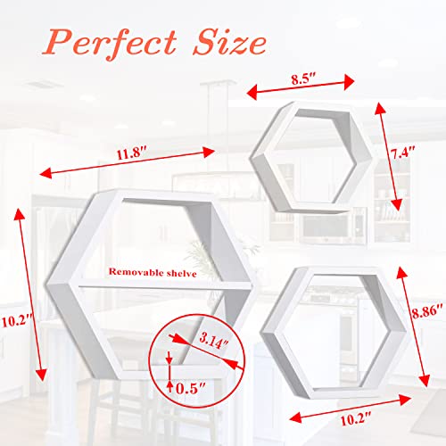 WEC Hexagon Shelves – Set of 3 Honeycomb Wall Shelves with Extra Removable Shelf – Floating Wood Shelves – Geometric Shelves for Bedroom, Kitchen, Office (White)