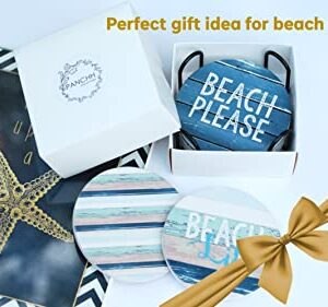 PANCHH Beach Coastal & Ocean Sea Tropical Theme Coasters for Drinks, Kitchen Decor and Gifts for Beach House and Home Beach Bars - Coasters for Wooden Table - Set of 6 with Holder, Absorbent