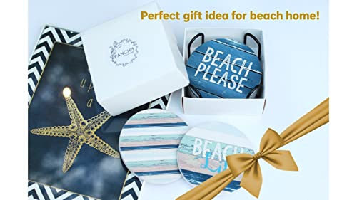 PANCHH Beach Coastal & Ocean Sea Tropical Theme Coasters for Drinks, Kitchen Decor and Gifts for Beach House and Home Beach Bars - Coasters for Wooden Table - Set of 6 with Holder, Absorbent